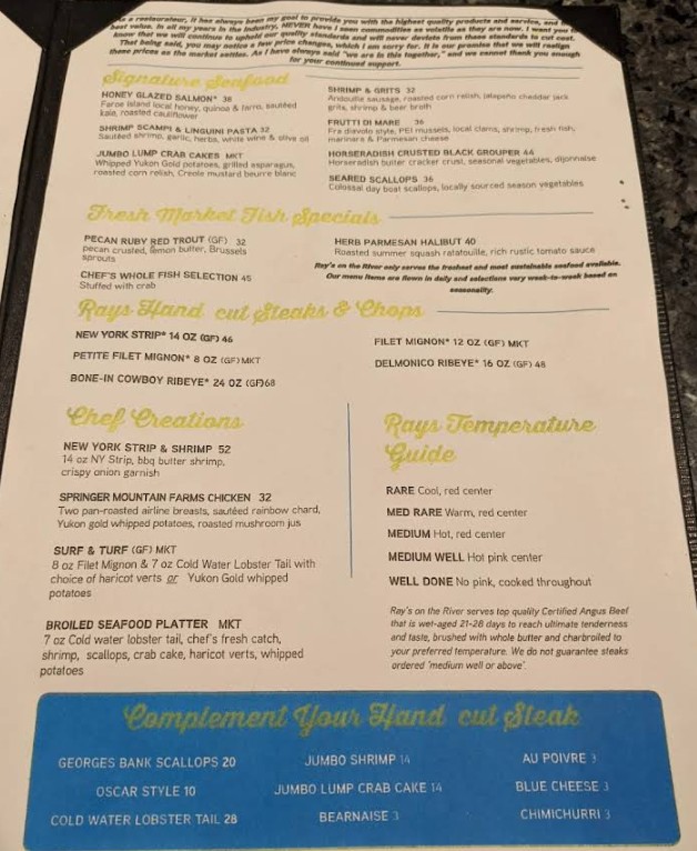 Ray's on the River Restaurant Menu | Fine Dining & Southern Seafood in ...