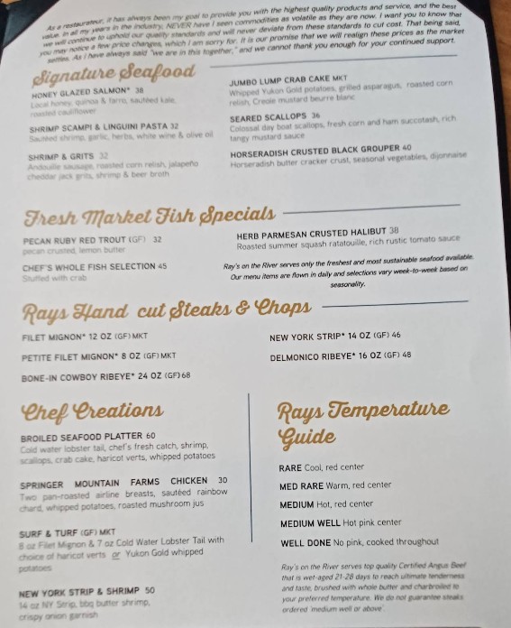 Ray's on the River Restaurant Menu | Fine Dining & Southern Seafood in ...